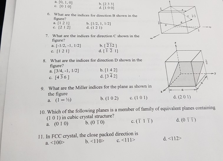 Solved b, [233] d. [1 0 0] c. [0 10) 6. What are the indices | Chegg.com