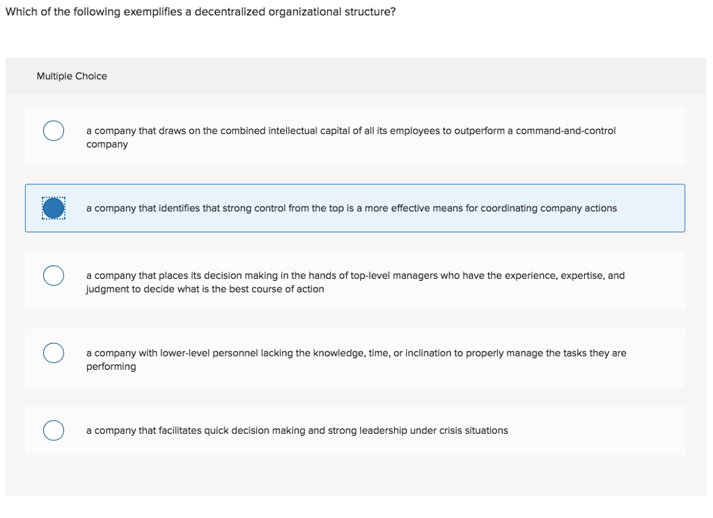 Solved Which of the following exemplifies a decentralized | Chegg.com