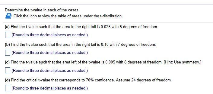 Solved Determine the t-value in each of the cases. Click the | Chegg.com