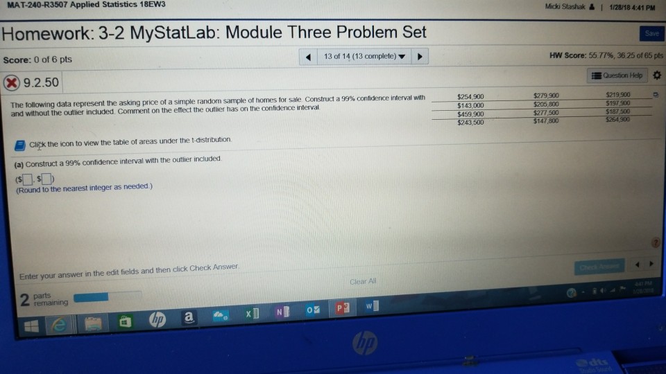 Solved MAT-240-R3507 Applied Statistics 18EW3 Micki Stashak | Chegg.com