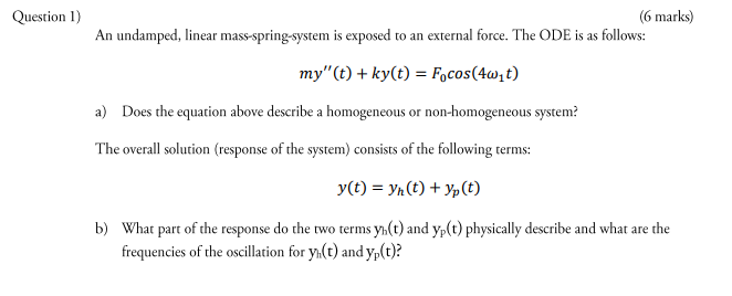 Solved Question 1) (6 marks) An undamped, linear | Chegg.com