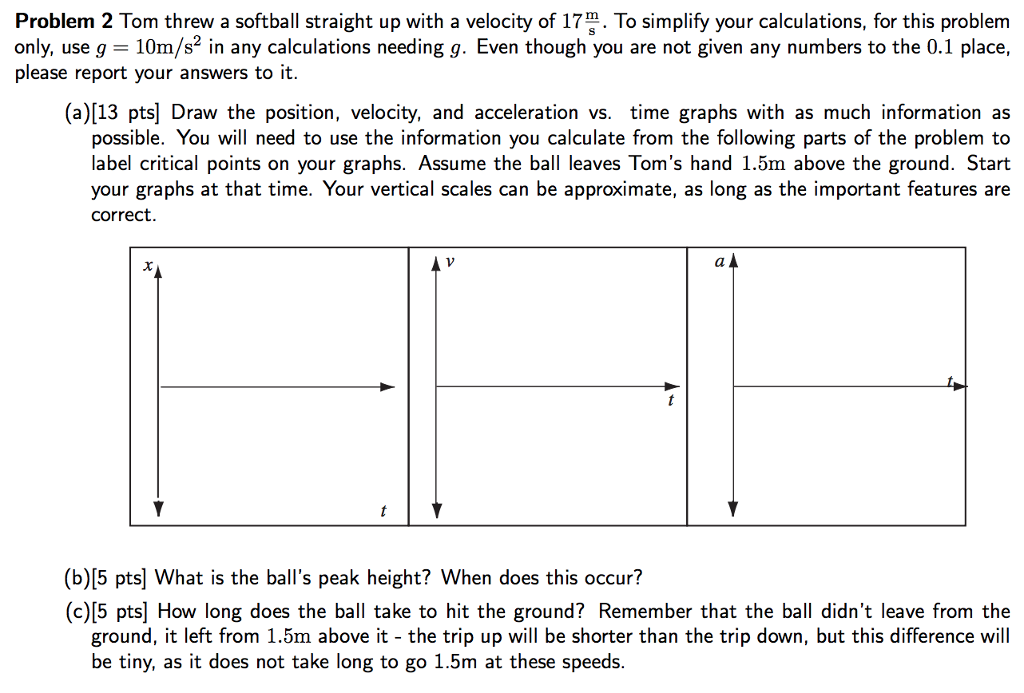 Solved Problem 2 Tom threw a softball straight up with a | Chegg.com
