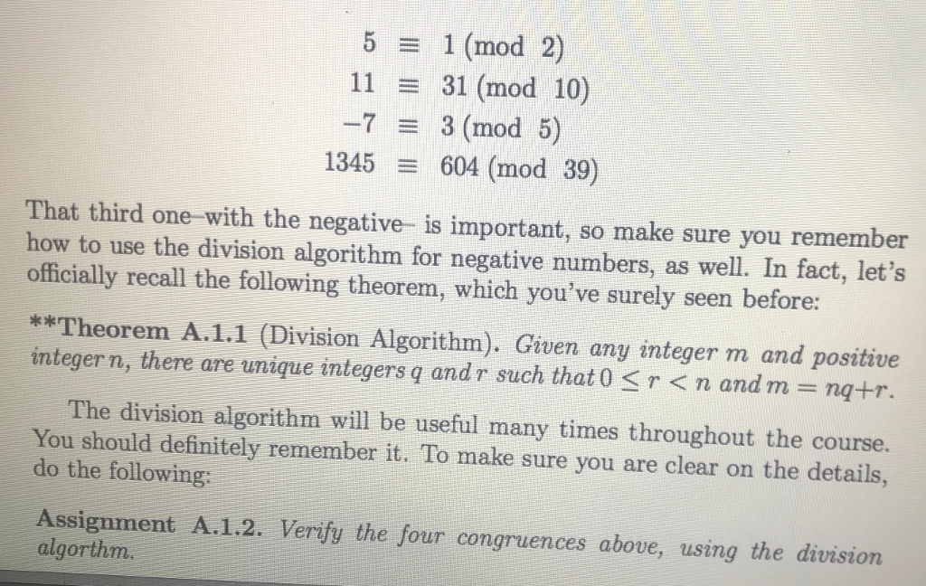 Solved 5 1 mod 2 11 31 mod 10 1345 604 mod 39 That Chegg
