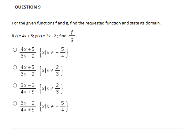 Solved QUESTION 9 For the given functions fand g, find the | Chegg.com