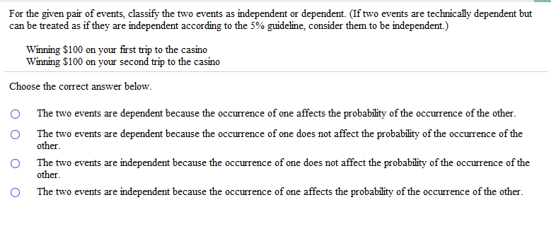 Solved For the given pair of events, classify the two events | Chegg.com
