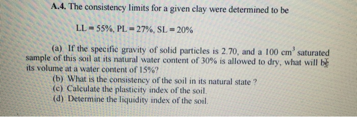 Solved The consistency limits for a given clay were | Chegg.com