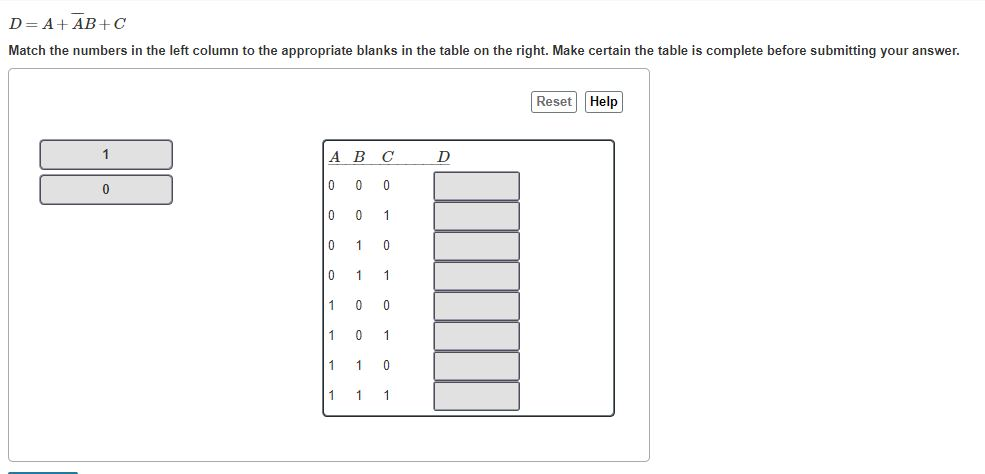 Solved D=ABC + AB Match the numbers in the left column to | Chegg.com