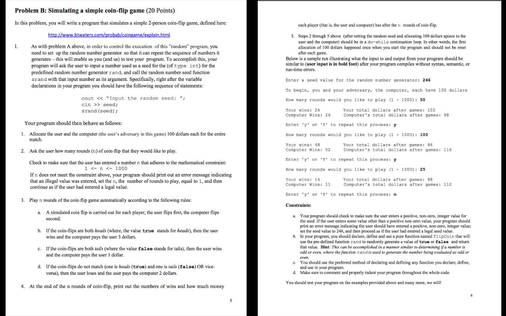 Solved Problem B Simulating A Simple Coin Flip Game 20