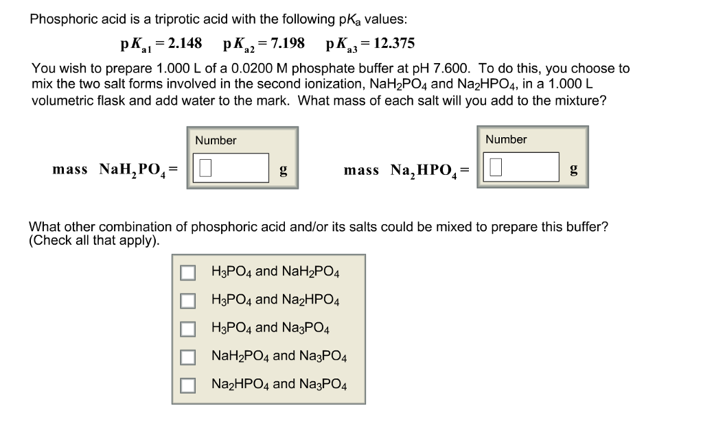 Solved You wish to prepare 1.000 L of a 0.0200 M phosphate | Chegg.com
