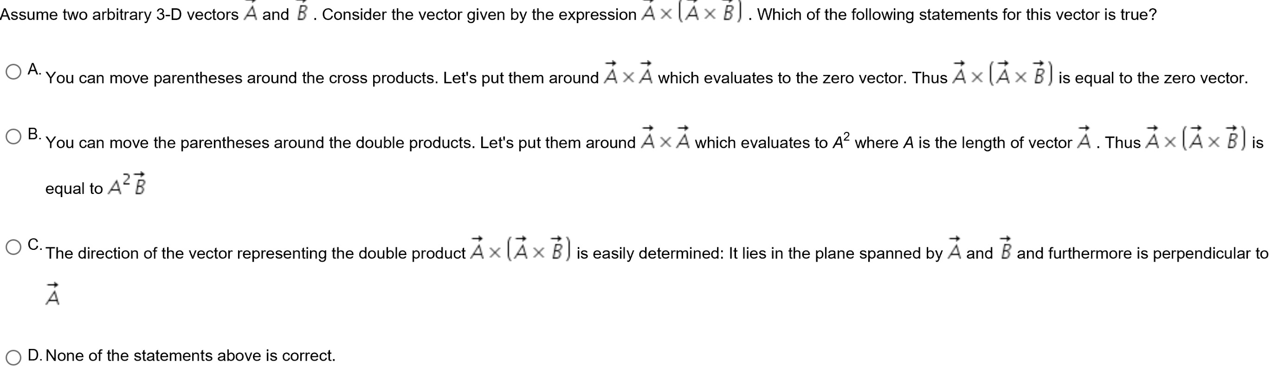 Solved Assume two arbitrary 3-D vectors A and B. Consider | Chegg.com