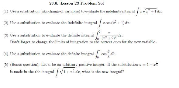 Solved 23.6. Lesson 23 Problem Set (1) Use a substitution | Chegg.com