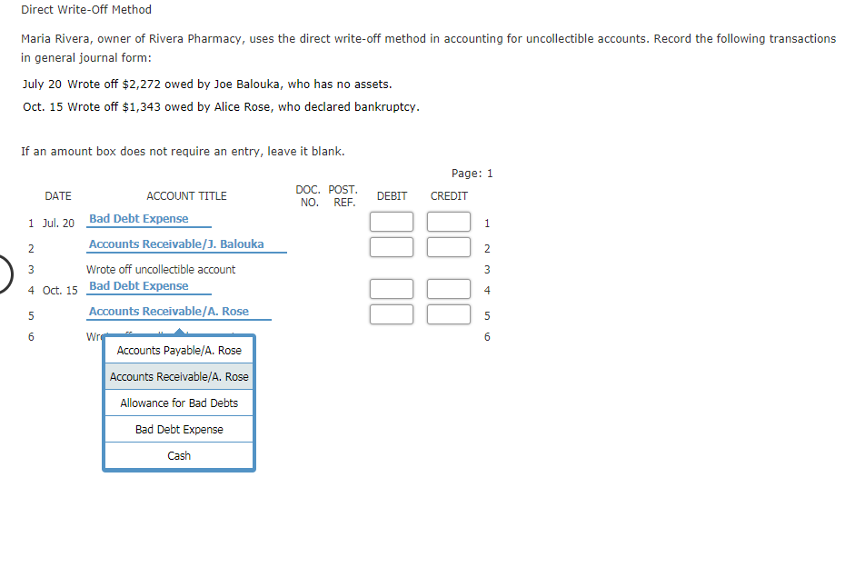 Solved Direct Write-Off Method Maria Rivera, owner of Rivera | Chegg.com