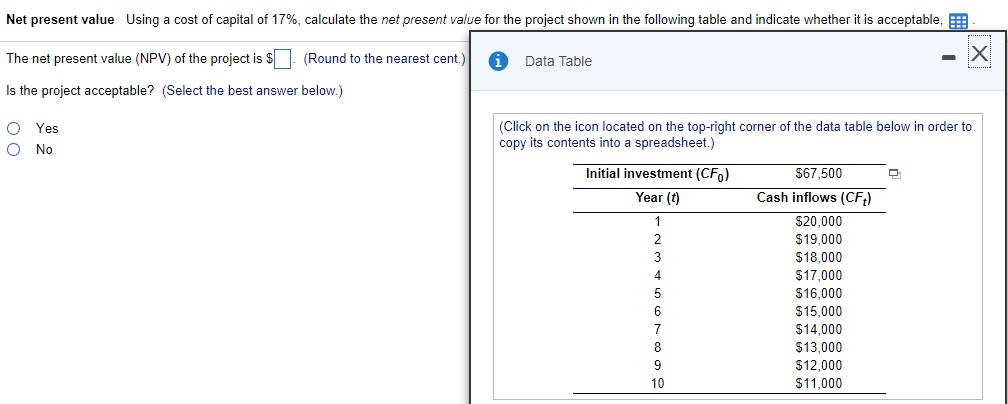 Solved Net present value Using a cost of capital of 17%, | Chegg.com
