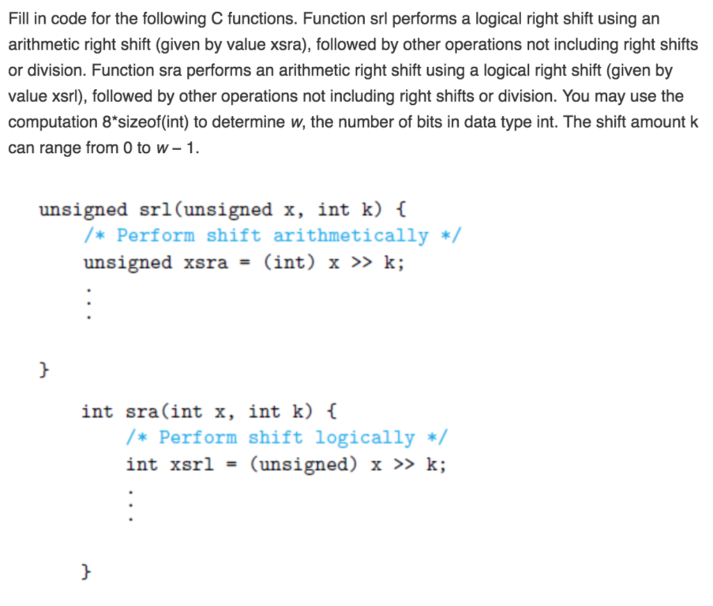 Solved Fill in code for the following C functions. Function | Chegg.com