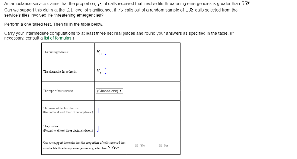 Solved An ambulance service claims that the proportion, p, | Chegg.com