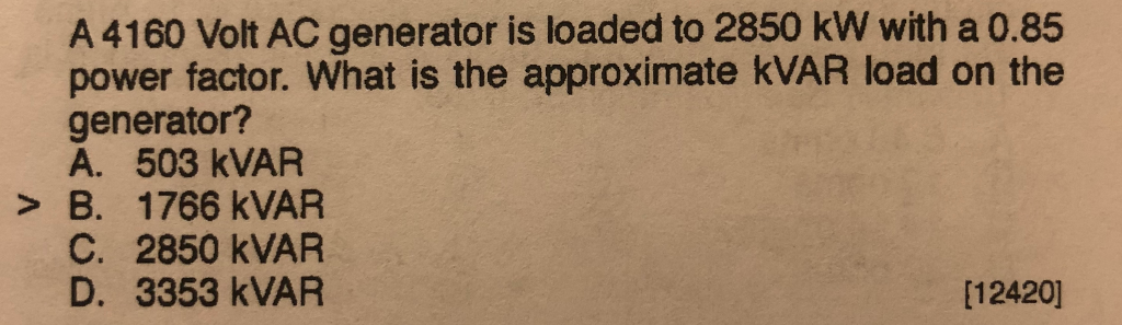 Solved A 4160 Volt AC generator is loaded to 2850 kW with a | Chegg.com