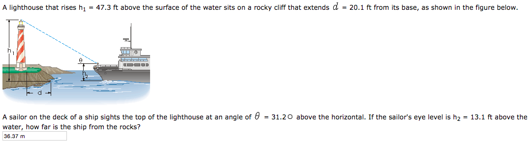 Solved A lighthouse that rises h1 = 47.3 ft above the | Chegg.com