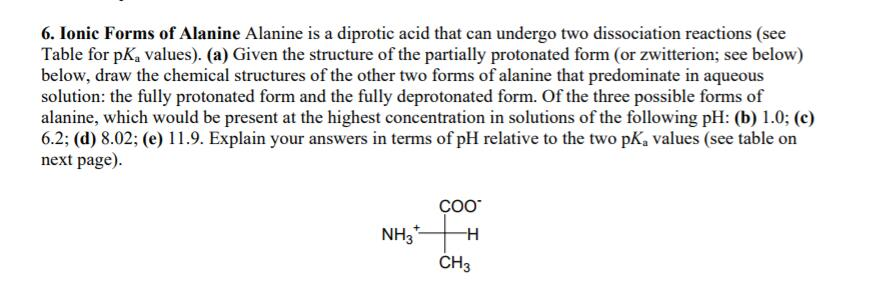 Solved 6. Ionic Forms of Alanine Alanine is a diprotic acid | Chegg.com