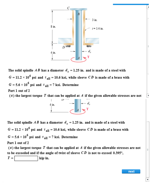 Solved 4 in The solid spindle A B has a diameter ds -1.25 | Chegg.com