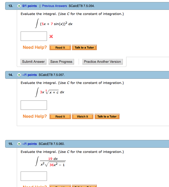 Solved 13. 0/1 points | Previous Answers SCalcET8 7.5.054 | Chegg.com