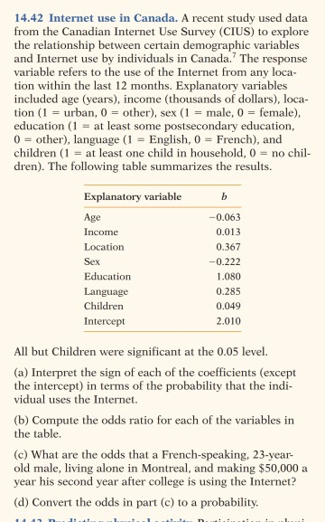 Solved 14.42 Internet use in Canada. A recent study used | Chegg.com