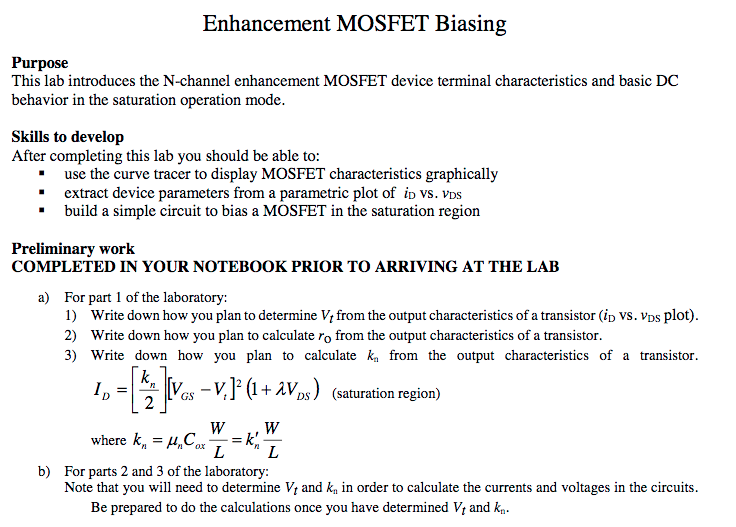 Solved Enhancement MOSFET Biasing Purpose This lab | Chegg.com