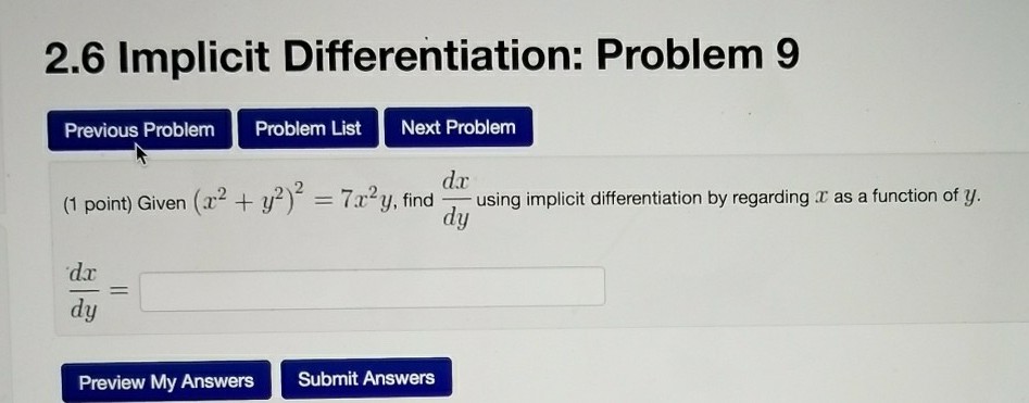 Solved 2.6 Implicit Differentiation: Problem 9 Previous | Chegg.com