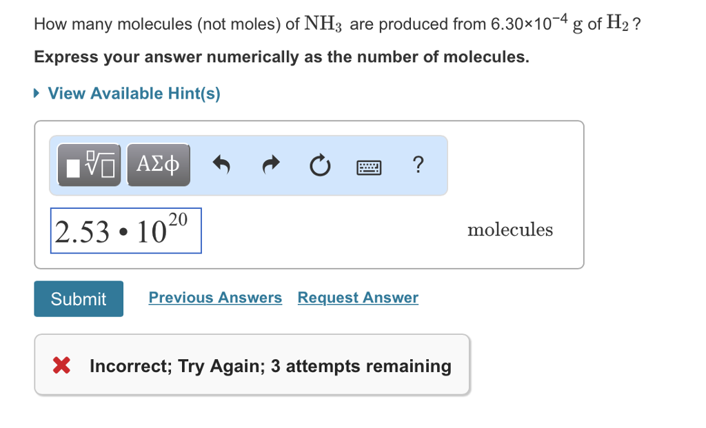 Solved How many molecules (not moles) of NH3 are produced | Chegg.com