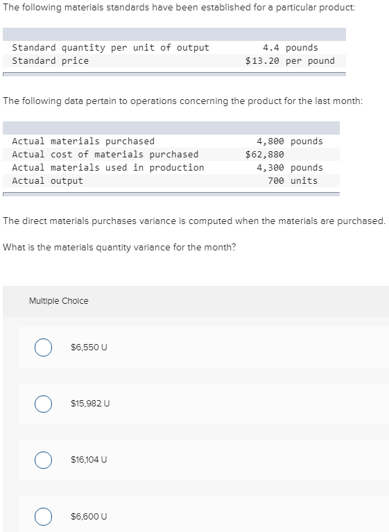 Solved The following materials standards have been | Chegg.com