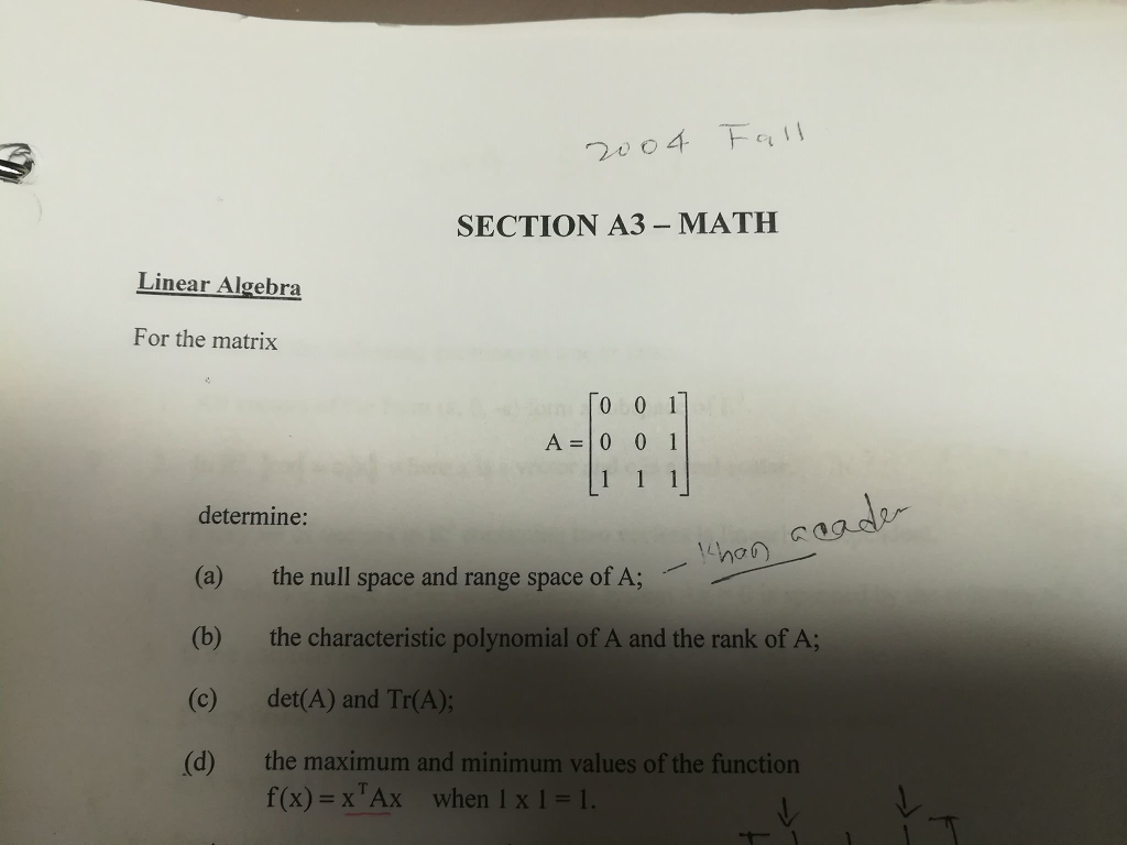 Solved SECTION A3- MATH Linear Algebra For the matrix | Chegg.com