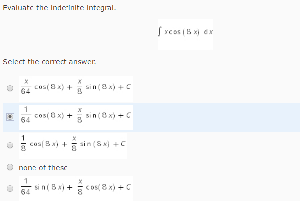 Solved Evaluate the indefinite integral. integral x cos (8 | Chegg.com