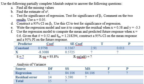 Solved Use the following partially complete Minitab output | Chegg.com