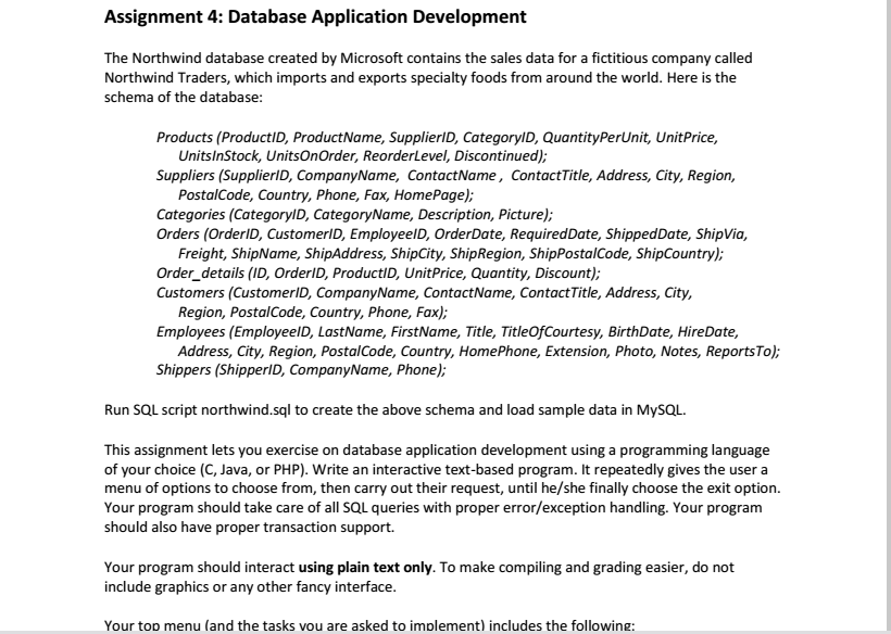 Assignment 4: Database Application Development The | Chegg.com