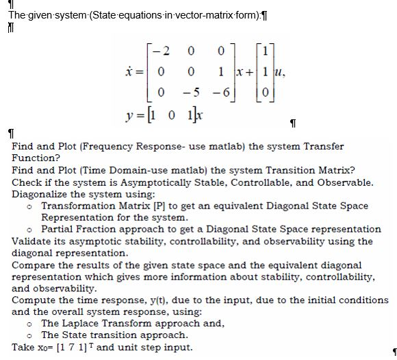 Solved Description: The given system (state equations in | Chegg.com