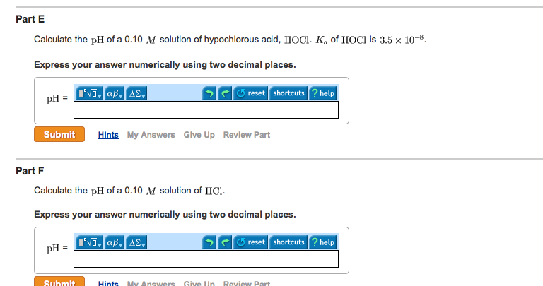Solved Calculate the pH of a 0.10 M solution of hypochlorous | Chegg.com