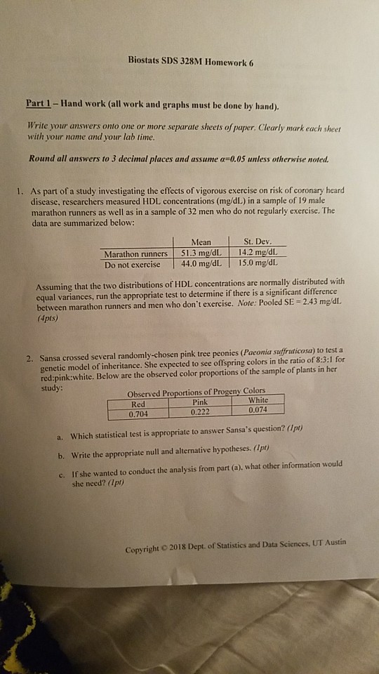 Solved Biostats SDS 328M Homework 6 Part 1-Hand work (all | Chegg.com