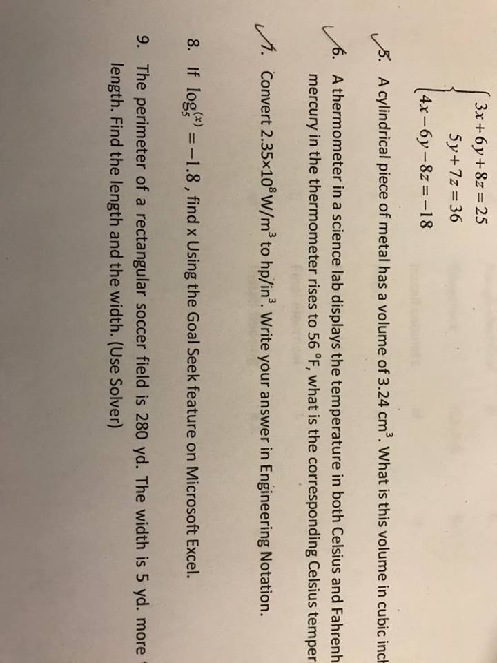 Solved 3x + 6y+82-25 5y+7z = 36 4x-6y-82=-18 A cylindrical | Chegg.com