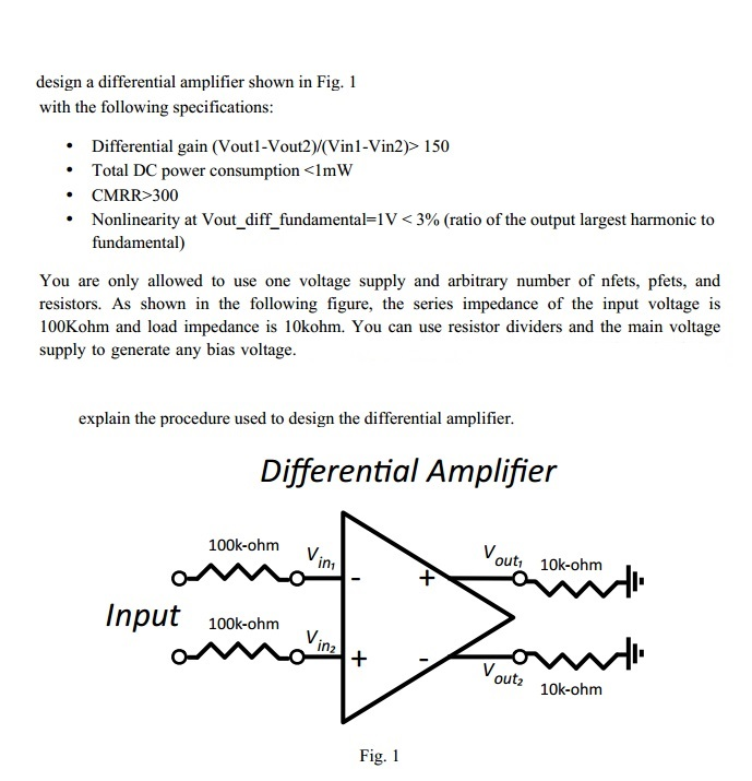 design a differential amplifier shown in Fig. I with | Chegg.com