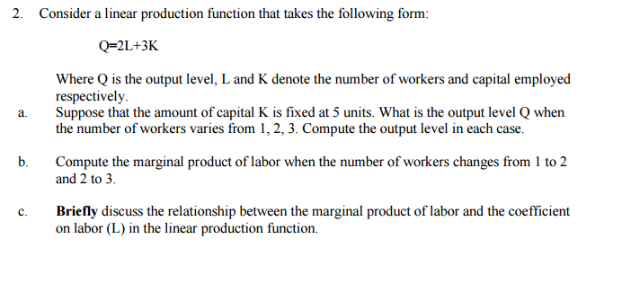Solved Consider a linear production function that takes the | Chegg.com