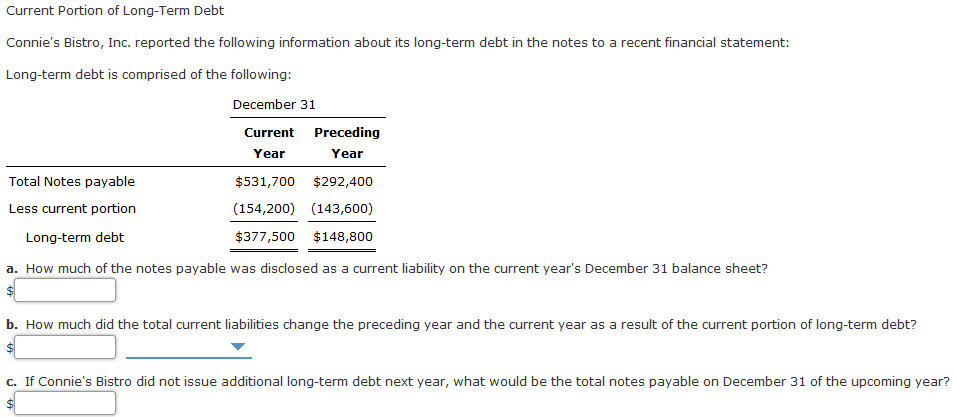 Solved Current Portion of Long-Term Debt Connie's Bistro, | Chegg.com