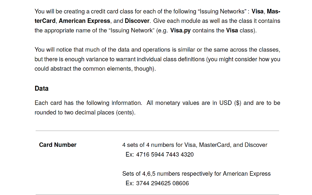 Solved You will be creating a credit card class for each of | Chegg.com