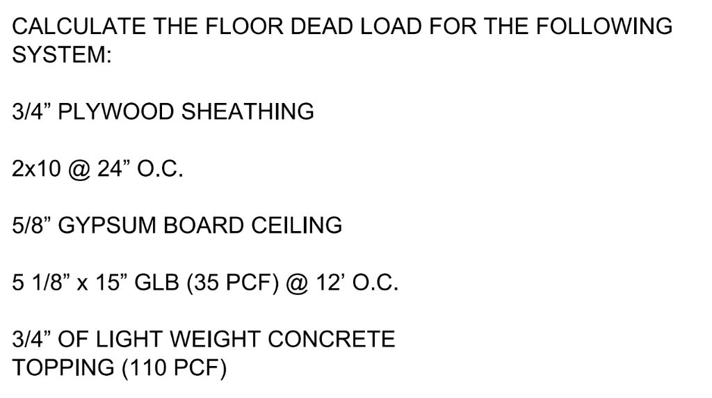Solved CALCULATE THE FLOOR DEAD LOAD FOR THE FOLLOWING | Chegg.com