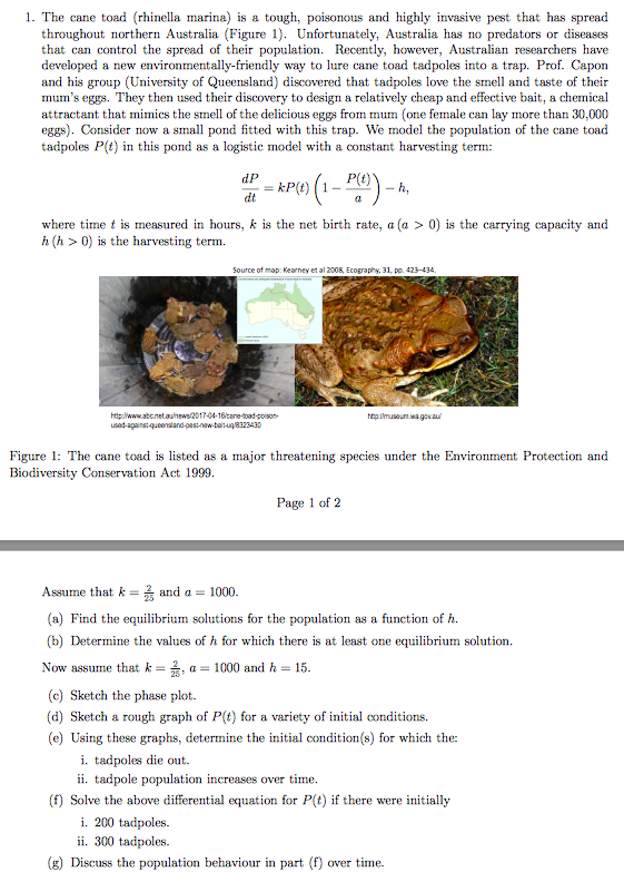 Solved The cane toad (rhinella marina) is a tough, poisonous | Chegg.com