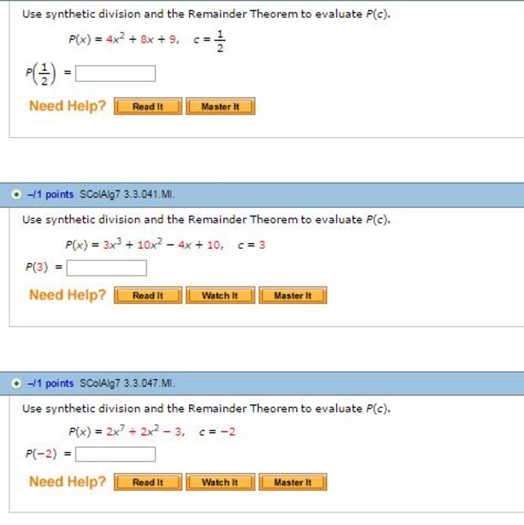 Solved Use Synthetic Division And The Remainder Theorem To Chegg
