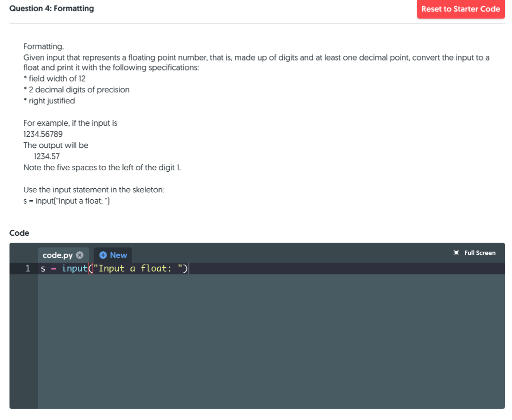 Solved Question 4: Formatting Reset to Starter Code | Chegg.com