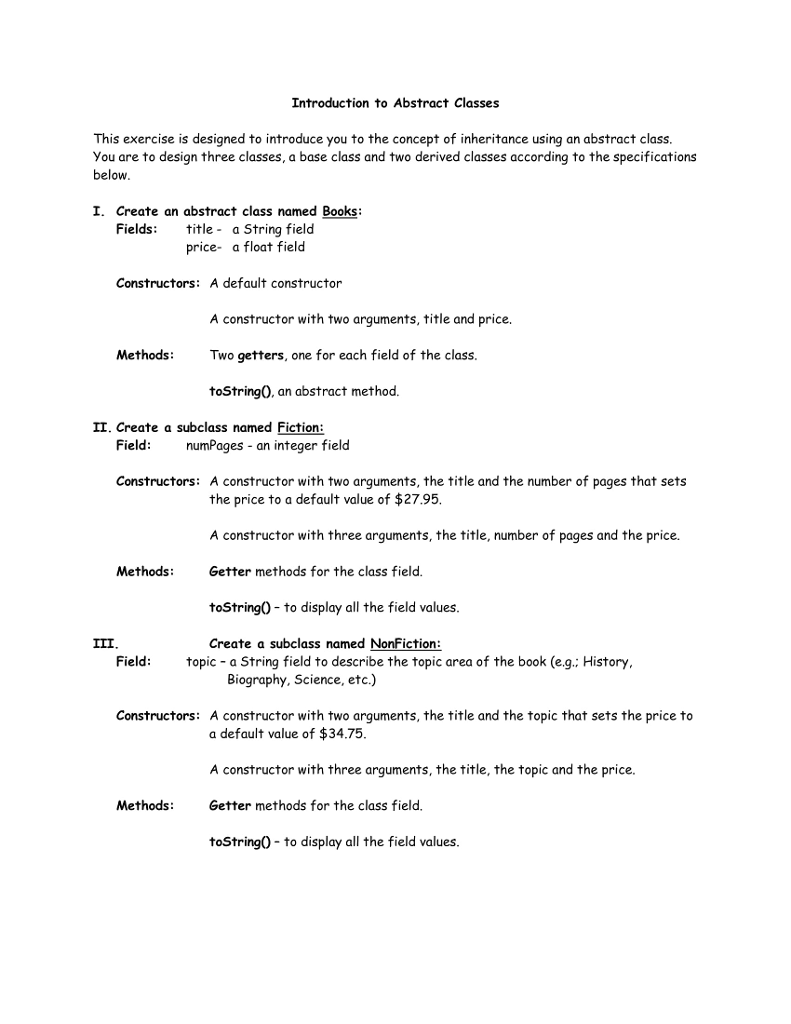 Solved Introduction to Abstract Classes This exercise is | Chegg.com