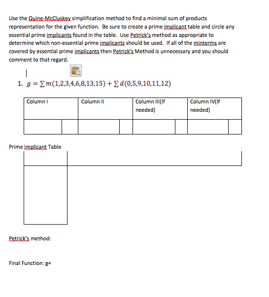 Solved Use the Quine-McCluskey simplification method to find | Chegg.com