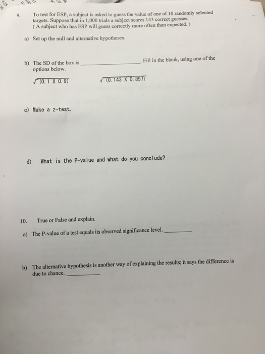 Solved To test for ESP a subject is asked to guess the value | Chegg.com