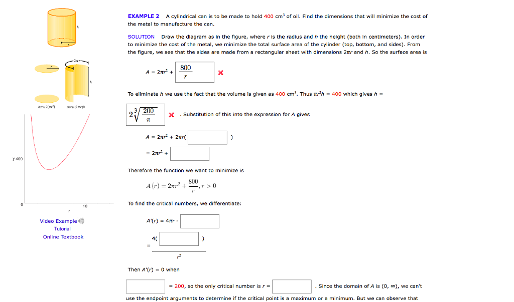 Solved EXAMPLE 2 A cylindrical can is to be made to hold 400 | Chegg.com