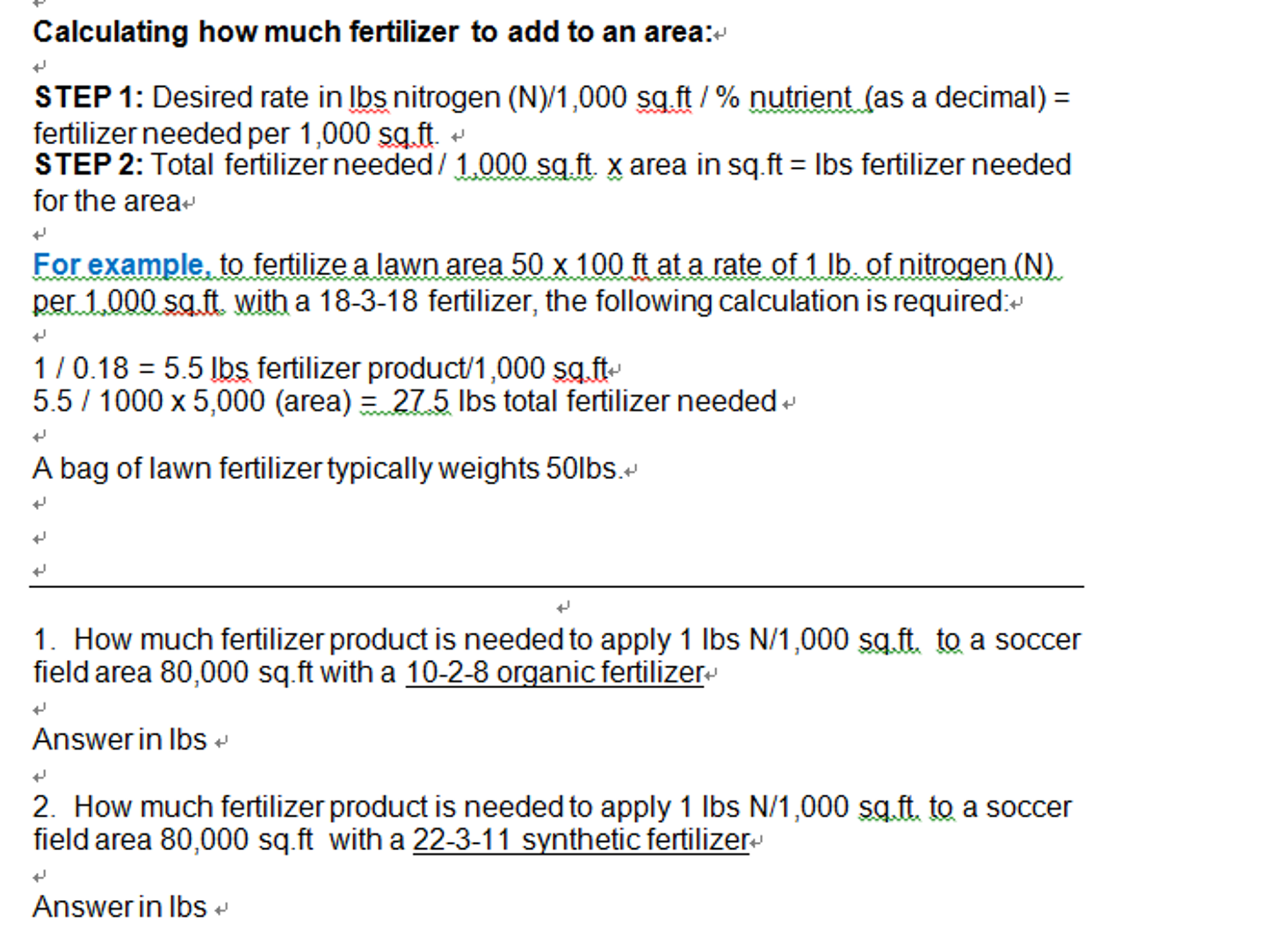 Solved Calculating how much fertilizer to add to an area: | Chegg.com
